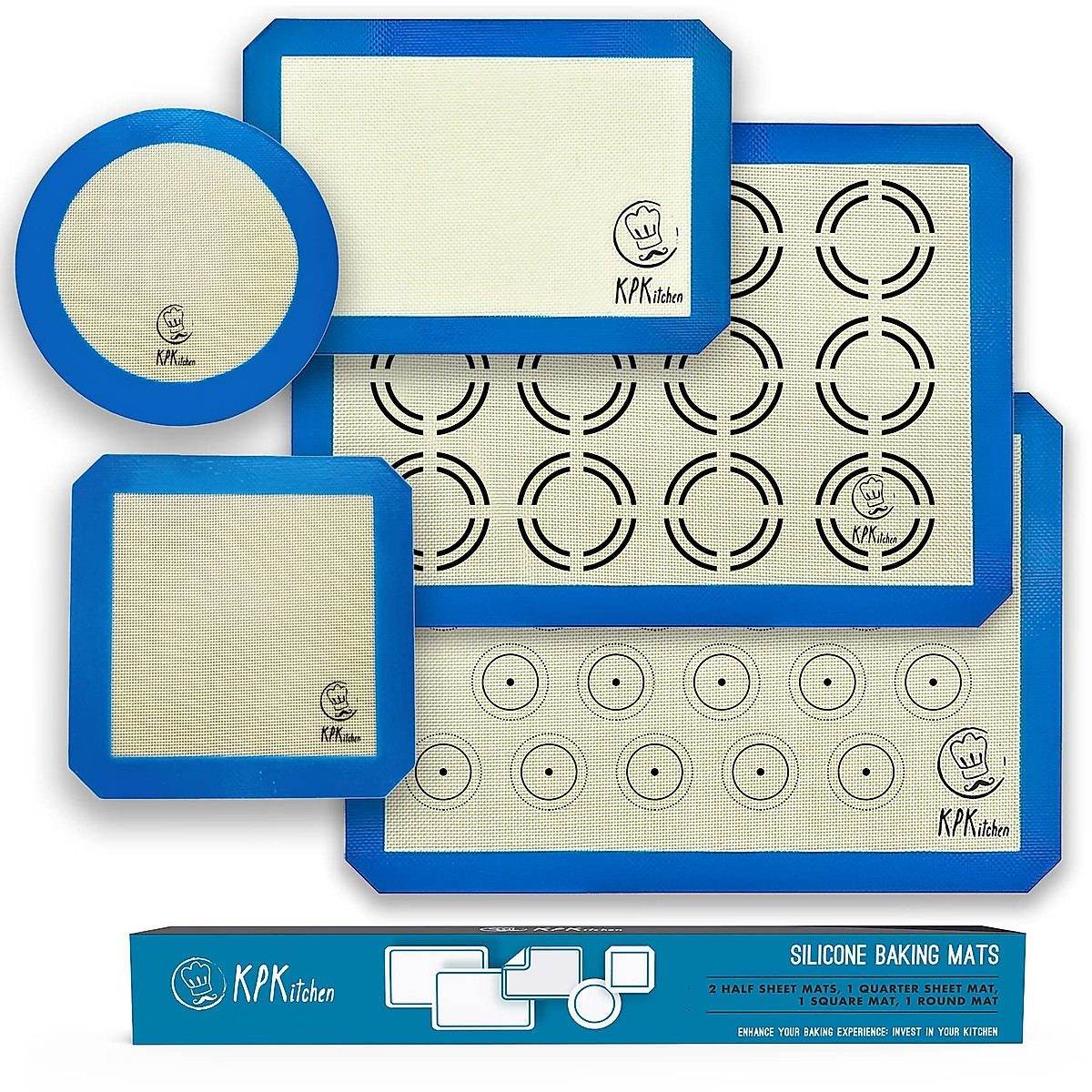 Silicone Baking Mat Set of 5-2 Half Sheets (Macaron & Cookie Circle On Mat) + 1 Quarter + 1 Round & 1 Square Size Silicone Baking Sheet - Nonstick & Easy to Clean - 100% Silicone Mats for Baking