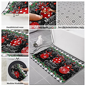 Kitchen Mat Rug Set of 2 Christmas Red Ball Winter Snow Black Buffalo Plaid Runner Rug Anti-Fatigue Comfort Memory Foam Standing Mat Non-Slip Floor Door Mat for Bathroom Bedroom 18x30in+18x60in