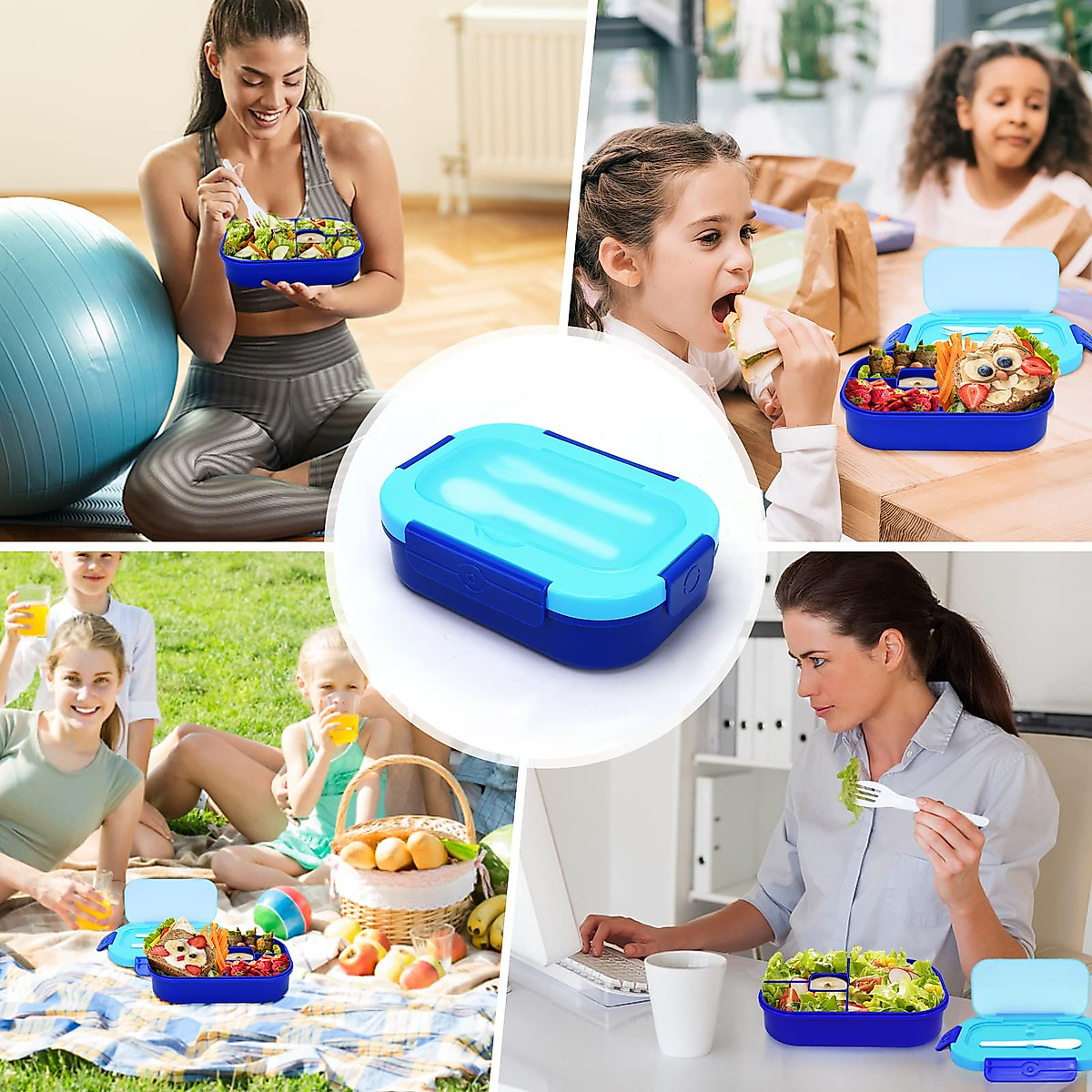 Lunch Box Kids, Bento Lunch Box for Kids Adult, Lunch Box Containers for Girls Boys Teen, 1300ML 4 Compartment Bento Box w/ Food Picks Cake Cups, Microwave/Dishwasher/Freezer Safe, BPA Free, Blue
