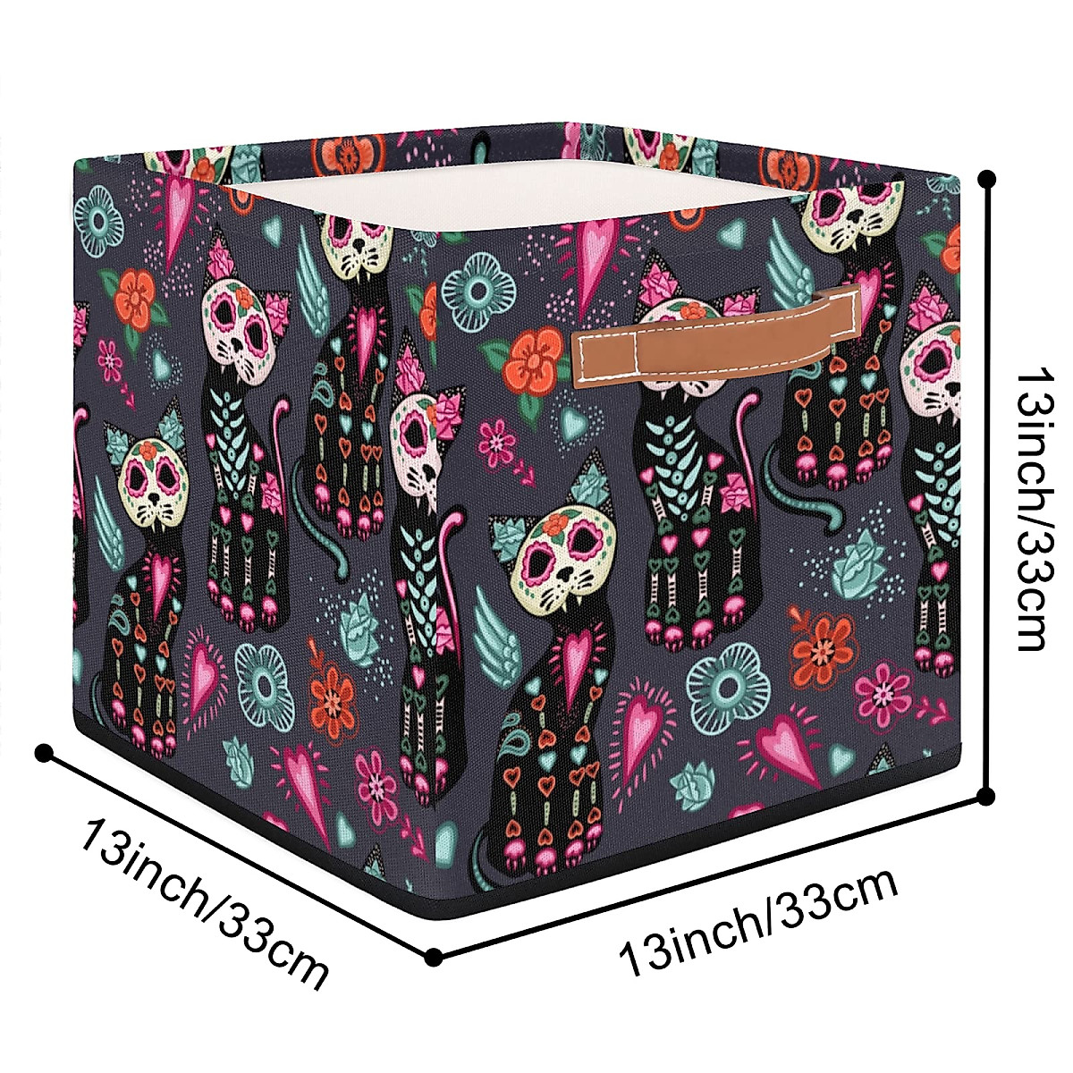 Storage Cube Bin Day Of The Dead Cats Halloween Flowers Large Storage Cube Basket 13×13In, Collapsible Storage Bin with Handles, Fabric Storage Box for Closet Shelves Nursery Toys Home Organization