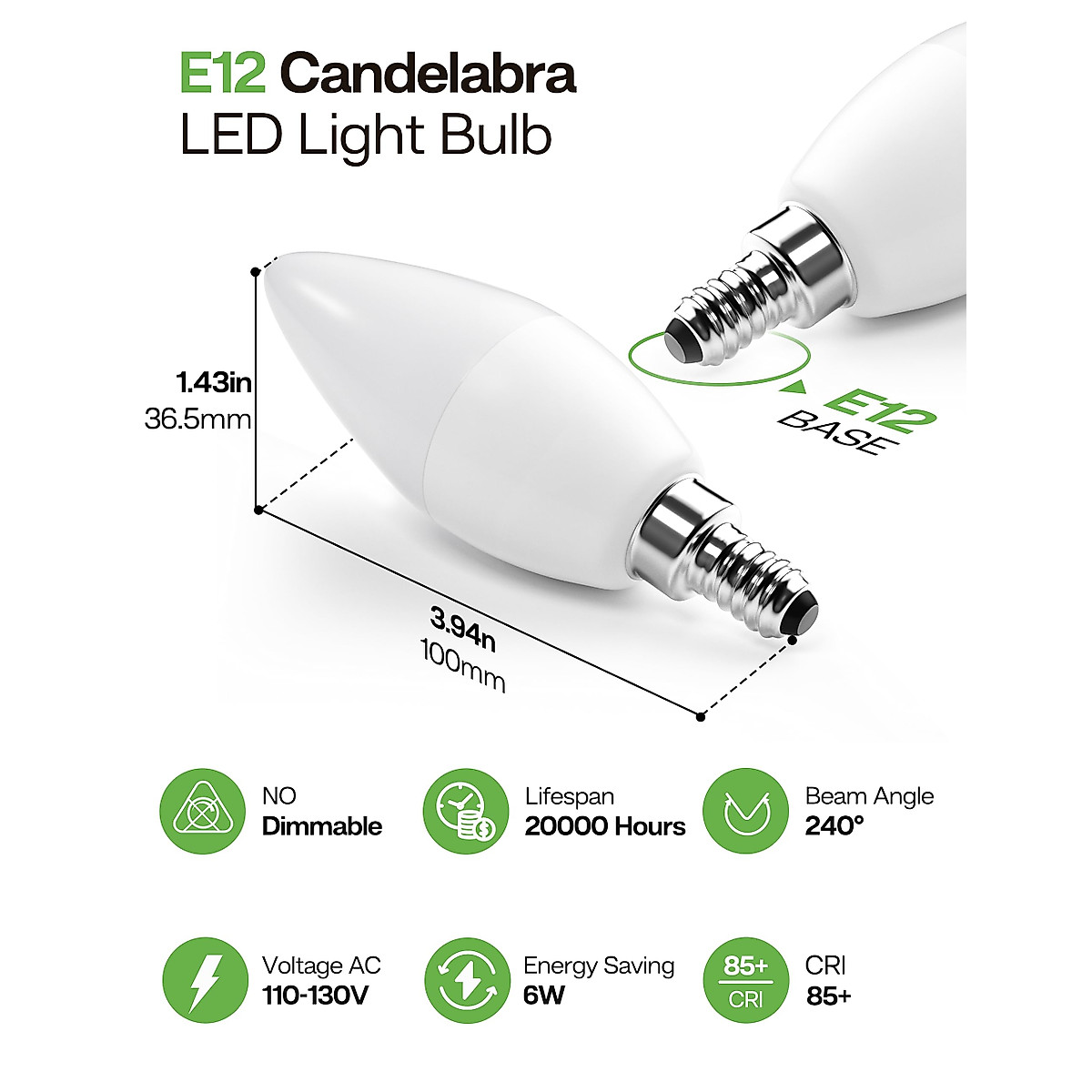 Eastiya Ceiling Fan Bulb Chandelier Bulbs 60 Watt Equivalent, 5000K Daylight White Candelabra LED Light Bulbs, E12 Small Base 6W B11 600LM, Non-Dimmable, Pack of 12