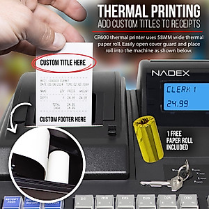 Nadex CR600 Cash Register, 9500 PLU Lookups 60 Dept 50 Clerks, 5 Bill 8 Coin Compartments 2 Check Slots Heavy Duty Steel Cash and Coin Drawer, Two Displays, Multiport