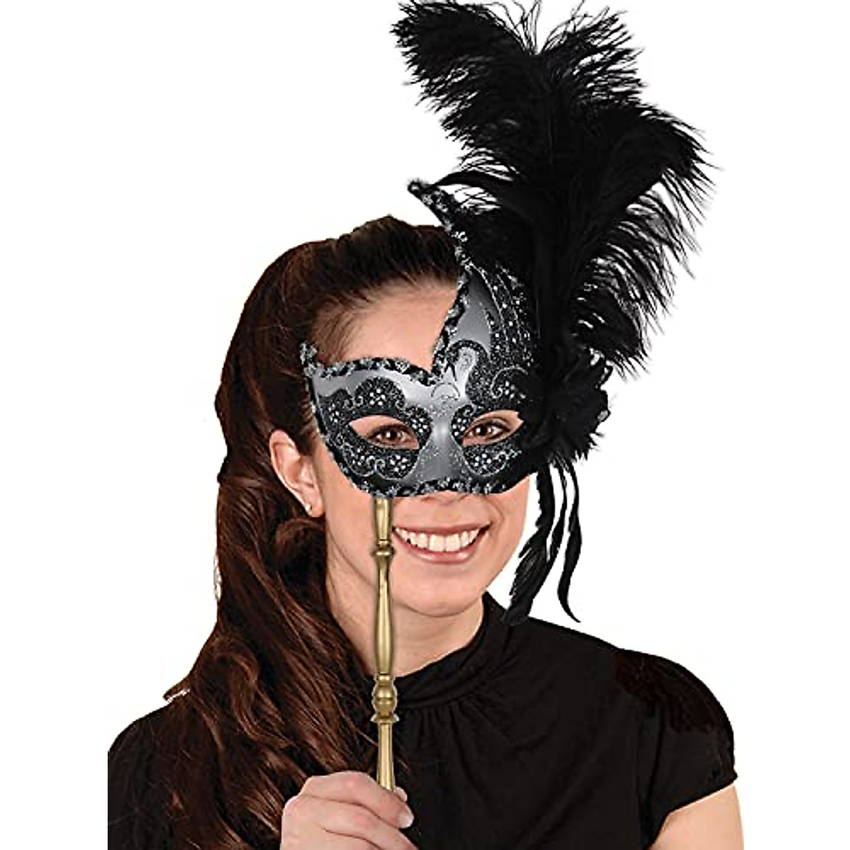 Beistle Plastic Costume Masquerade Mask on Stick With Feathers For Mardi Gras Party Supplies and Halloween Accessories