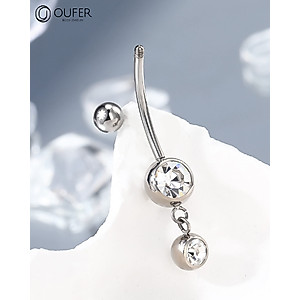 OUFER Dangle Belly Button Rings, G23 Solid Titanium Belly Ring, 14G Clear CZ Long Belly Piercing Jewelry, Lead & Nickel Free Navel Rings for Women Men-16MM