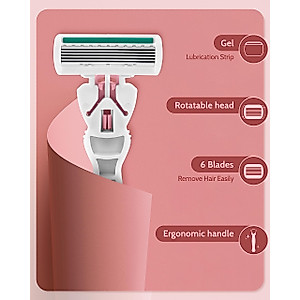 Razors for Women Sensitive Skin, 6 Blades Women’s razors for Shaving Including 1 Travel Razors for Women with 12 Blade Refills， Pink