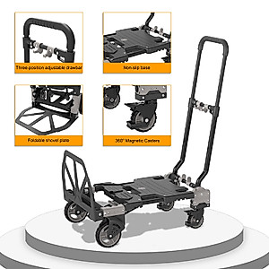 2-1 Folding Hand Truck Dolly with Shopping Basket, 330LB Heavy Duty Carrying with 4 Wheels Foldable, Retractable Handle Collapsible Cart, Include 2 Bungee Cords, for Moving, Luggage, Office