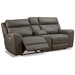 Signature Design by Ashley Roman Contemporary Tufted Leather Power Reclining Loveseat with Console and Adjustable Headrest, Gray