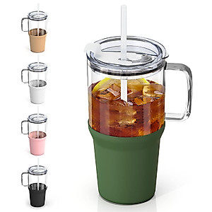 Sursip 32 oz Glass Tumbler with Handle, Glass Water Bottles with Lid and Straw, Reusable Iced Coffee Cup with Silicone Sleeve - Fits in Car Holder, BPA Free, Leak Proof, Dishwasher Safe (Olive Green)