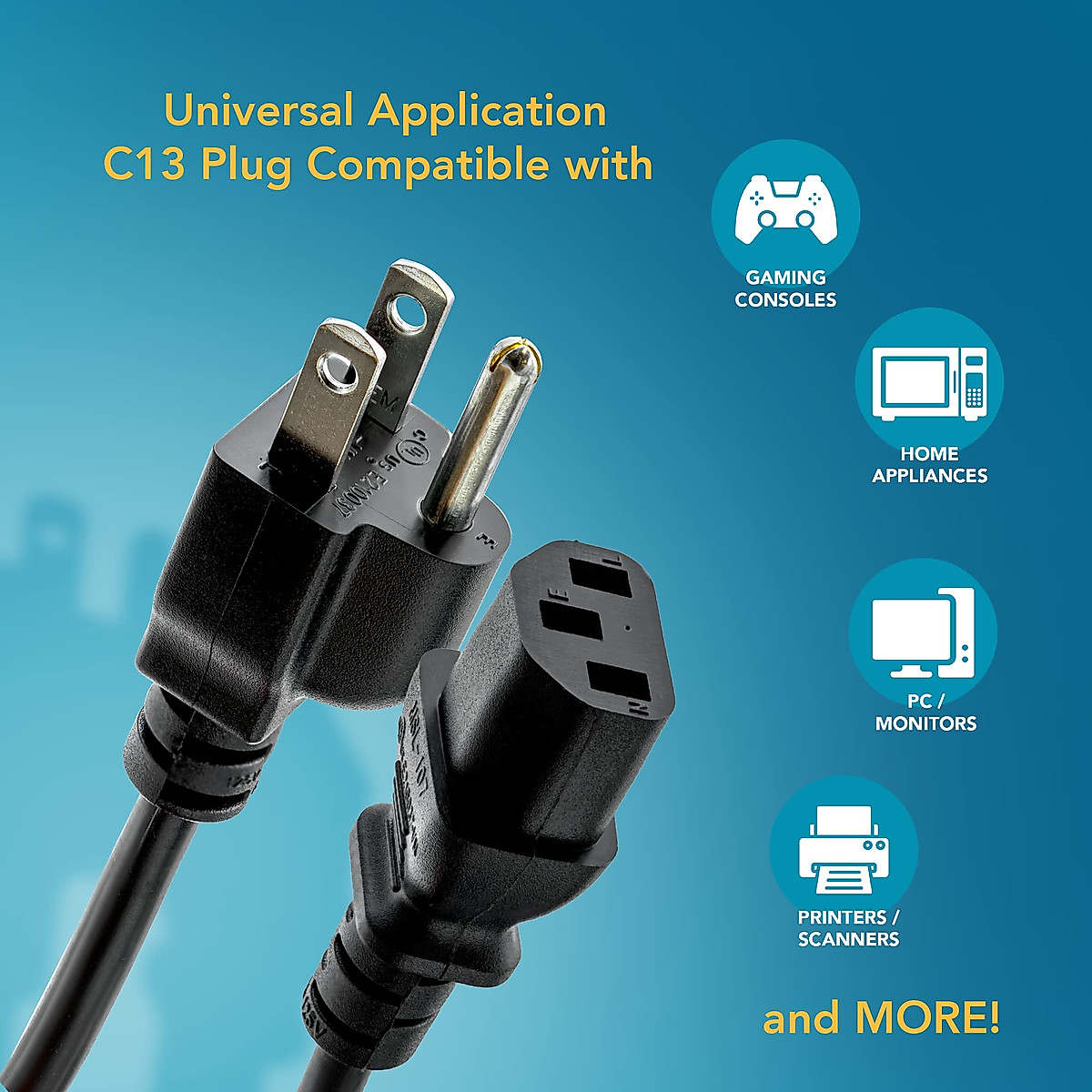 Rebuild Skills UL Approved (6FT 18/3-5PK) Universal Computer Monitor Power Cord, C13 Power Cable for Monitor, PC, Desktop, Printer, Scanner 18 AWG GA NEMA 5-15P to IEC13 (5 Pack)