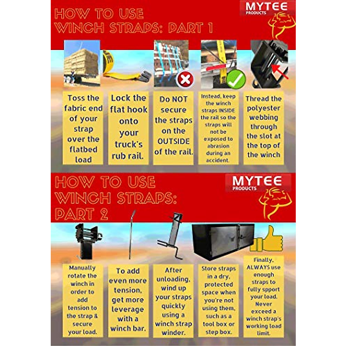 Mytee Products Kinedyne Winch Straps 4" x 30' Gold Heavy Duty Tie Down w/Flat Hooks WLL# 5400 lbs | 4 Inch Cargo Control for Flatbed Truck Utility Trailer (10 Pack)