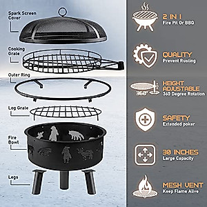 FUNBERRY Fire Pits for Outside,Outdoor Fire Pits with Grill,Wood Burning Fire Pit,30 Inch Firepit with Spark Screen,Log Grate,Poker