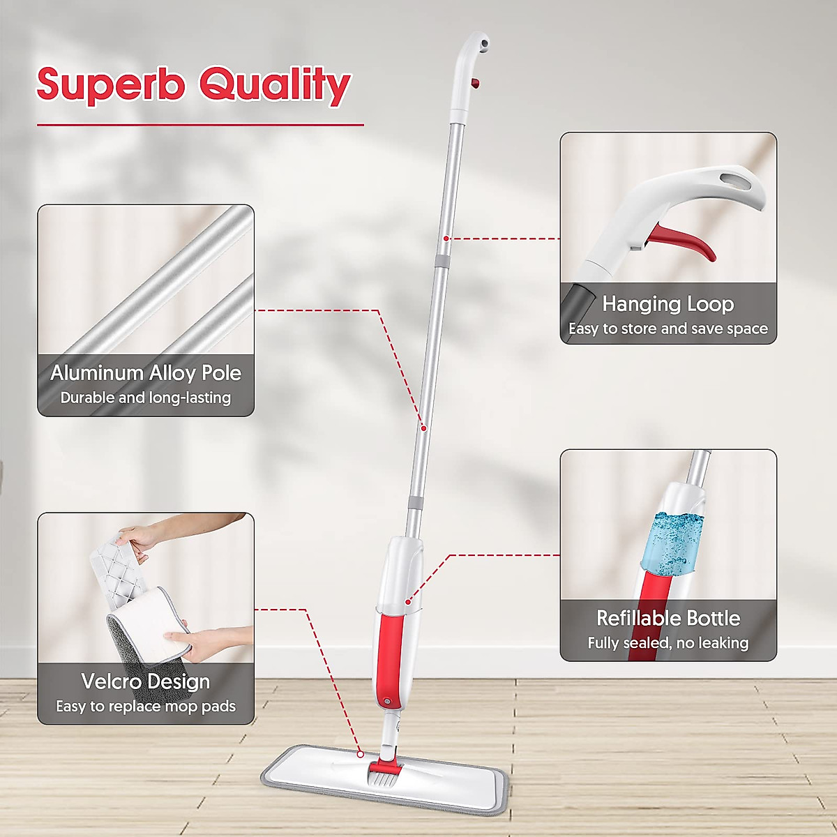 MANGOTIME Microfiber Spray Mop for Hardwood Floor Cleaning - Wet Dry Dust Mop with 2 Refillable Bottles & 4 Washable Reusable Pads, Flat Kitchen Mop for Wood, Tile, Laminate, Vinyl