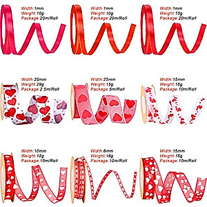 9 Rolls Valentine's Day Ribbons Printed Heart Ribbons Polyester Satin Ribbon Sheer Organza Ribbon Roll Craft Satin Ribbons Wrapping Ribbons with Gold Edge for Valentine's Day Wrapping Wedding Decor