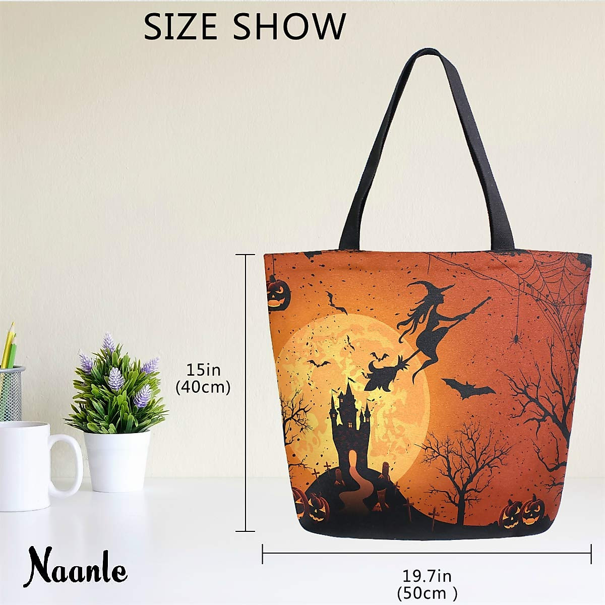 Naanle Halloween Canvas Tote Bag Large Women Casual Shoulder Bag Handbag Witch Haunted House Reusable Multipurpose Heavy Duty Shopping Grocery Cotton Bag for Outdoors.