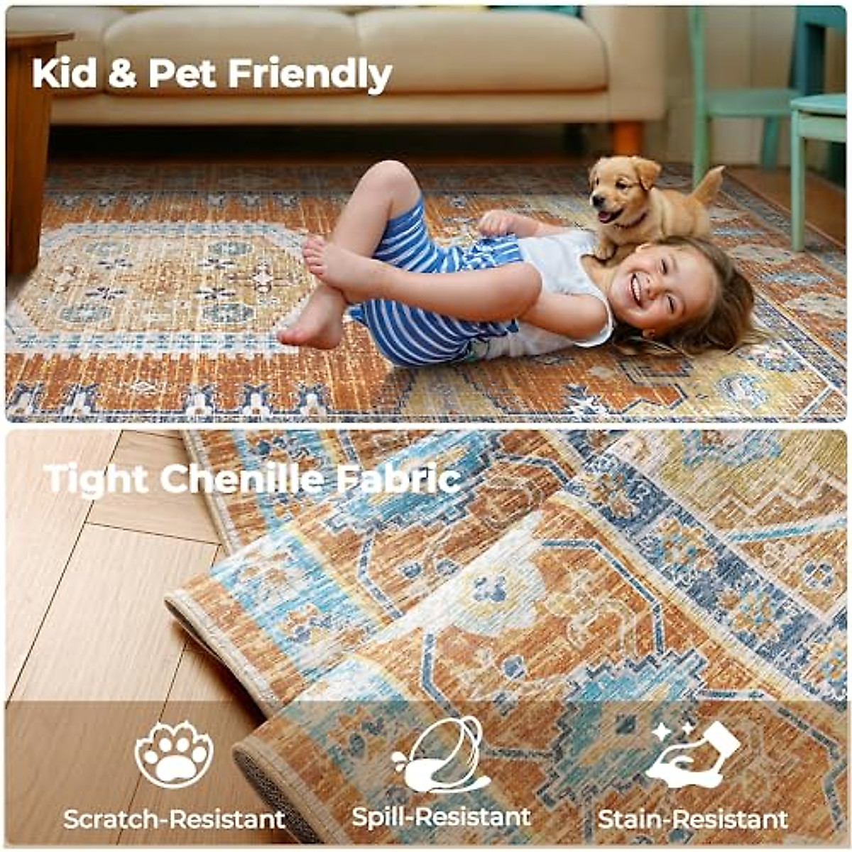 Kokia Area Rugs Living Room 9x12 Ultra-Thin Washable Orange Large Area Rug Dining Room Geometric Tribal Distressed Lightweight Foldable Carpet for Dining Room Home Office, Solani Orange-1