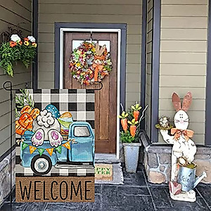 CROWNED BEAUTY Easter Truck Garden Flag Buffalo Plaid 12x18 Inch Double Sided for Outside Bunny Tail Burlap Small Welcome Yard Holiday Decoration CF707-12