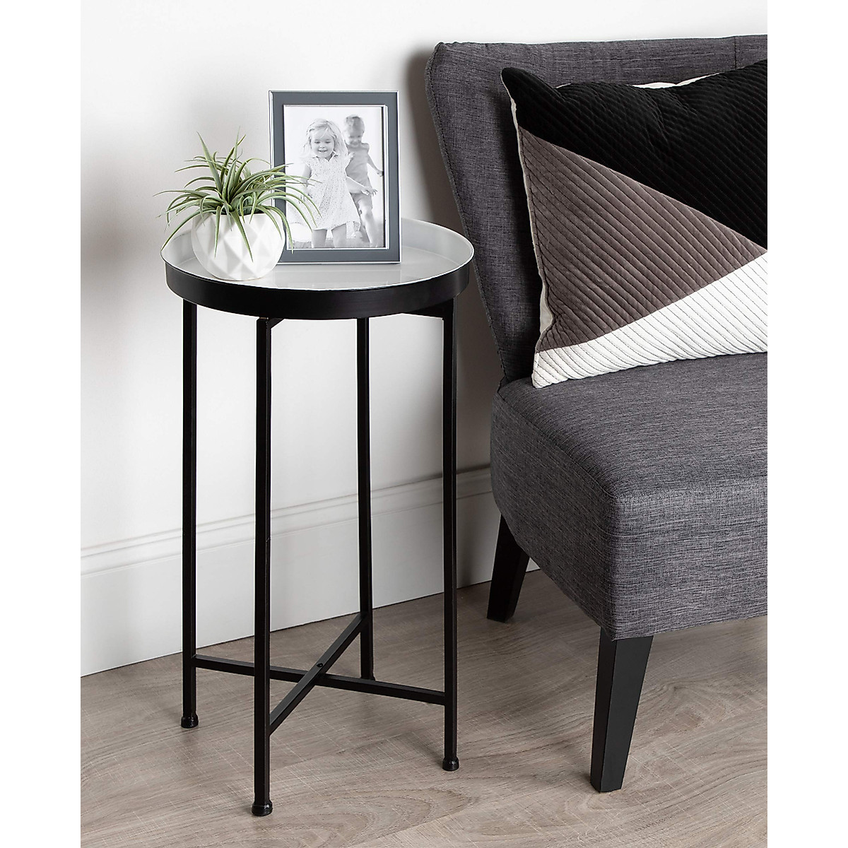 Kate and Laurel Celia Round Foldable Tray Accent Table, 14" x 14" x 25.75", White and Black, Modern Minimalist Design and Detachable Magnetic Tabletop