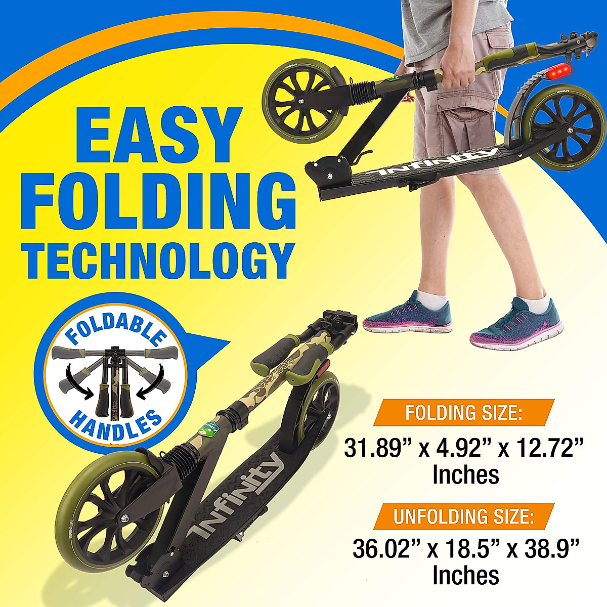 SereneLife Kick Scooter Adult Teenagers Kids- 2 Wheel Kids Scooter with Adjustable T-Bar Handlebar - Alloy Anti-Slip Deck - Portable Folding Scooters for Kids with Carrying Strap - Camouflage