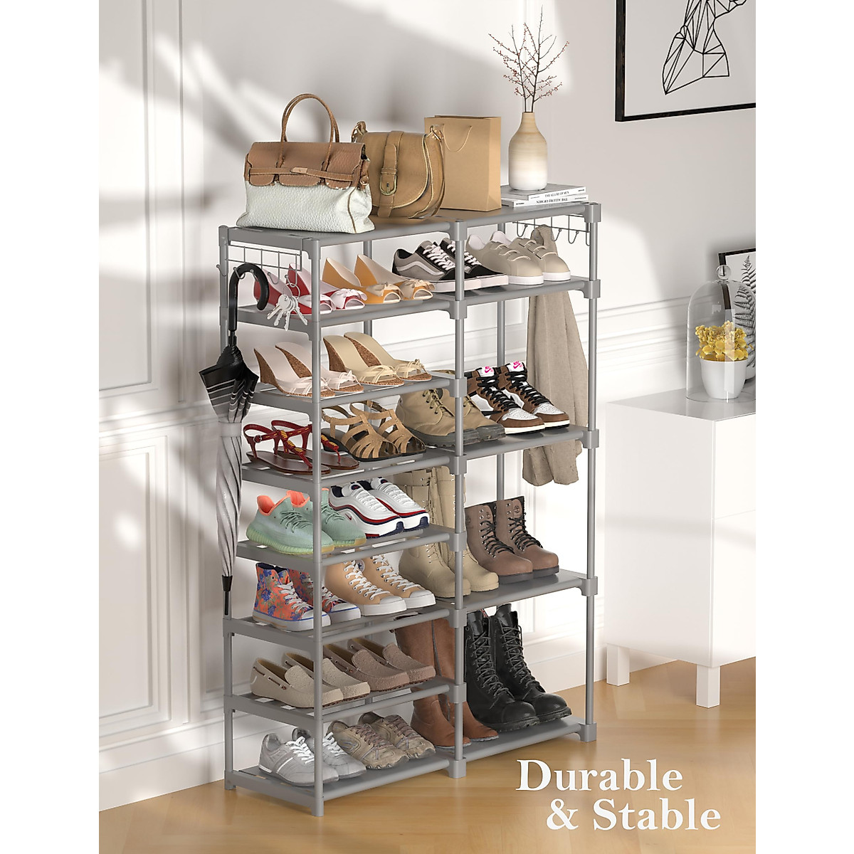 TIMEBAL Grey 8-Tier Shoe Rack Storage Organizer, 25-28 Pairs Shoes Shelf Organizer, Removable & Dust Large Stackable Shoe Rack for Boot & Shoe Storage