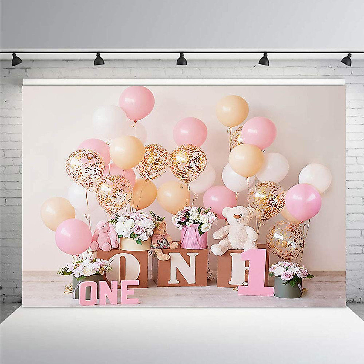 MEHOFOND 7x5ft Pink Gold Balloon First Birthday Party Backdrops for Baby Girl Sweet One Floral Photography Background Portrait Photo Studio Decoration Photo Banner Props for Cake Smash