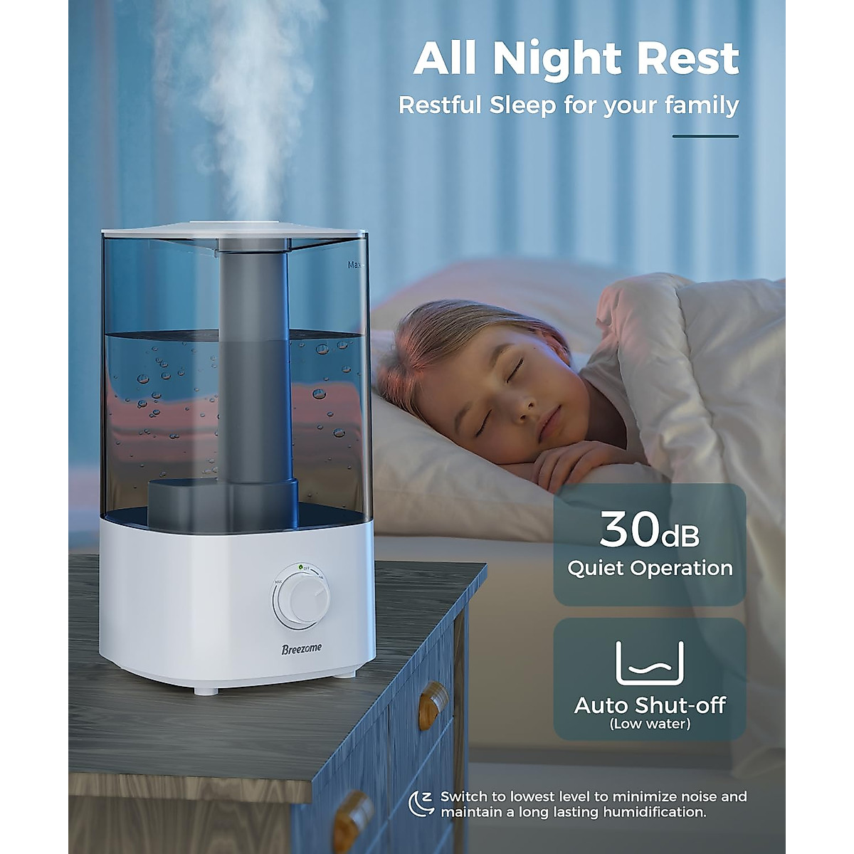 BREEZOME 4L Humidifiers for Bedroom, Ultrasonic Top Fill Cool Mist Humidifiers for Large Room, Last Up to 50 Hours, Humidifiers for Baby, Plants, Nursery