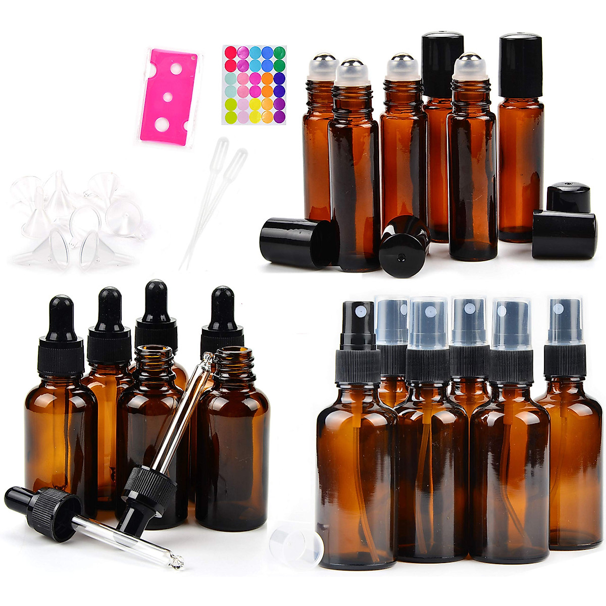 Youngever 18 Amber Glass Essential Oil Bottles Bundle, 6 Dropper Bottles (1 Ounce), 6 Spray Bottles (2 Ounce), 6 Stainless Steel Roller Bottles for Essential Oil (10 ml)