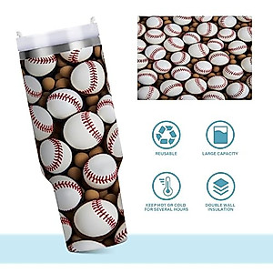 Jihqo Baseball Balls Pattern 40 oz Stainless Steel Vacuum Insulated Tumbler with Handle and Straw Lid, Leakproof Water Bottle Double Wall Travel Mug Coffee Cup, Cupholder Friendly