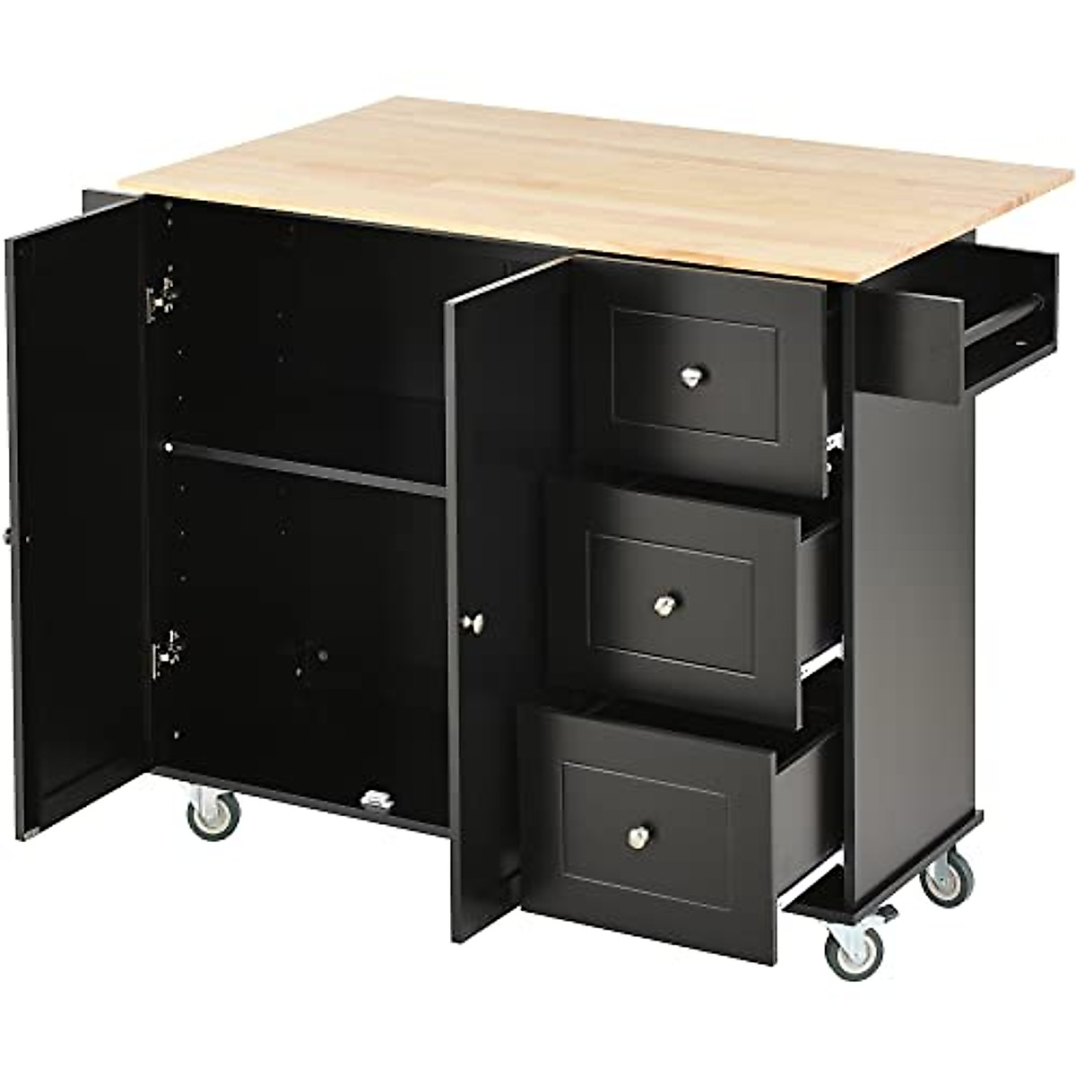 MACHOME Rolling Mobile Kitchen Island Cart with Storage on Locking Wheels, Kitchen Cart w/Solid Wood Top and Breakfast Bar, Kitchen Storage Cabinet w/ 3 Drawers, 52.76" L x 29.50" W x 36.8" H,-Black