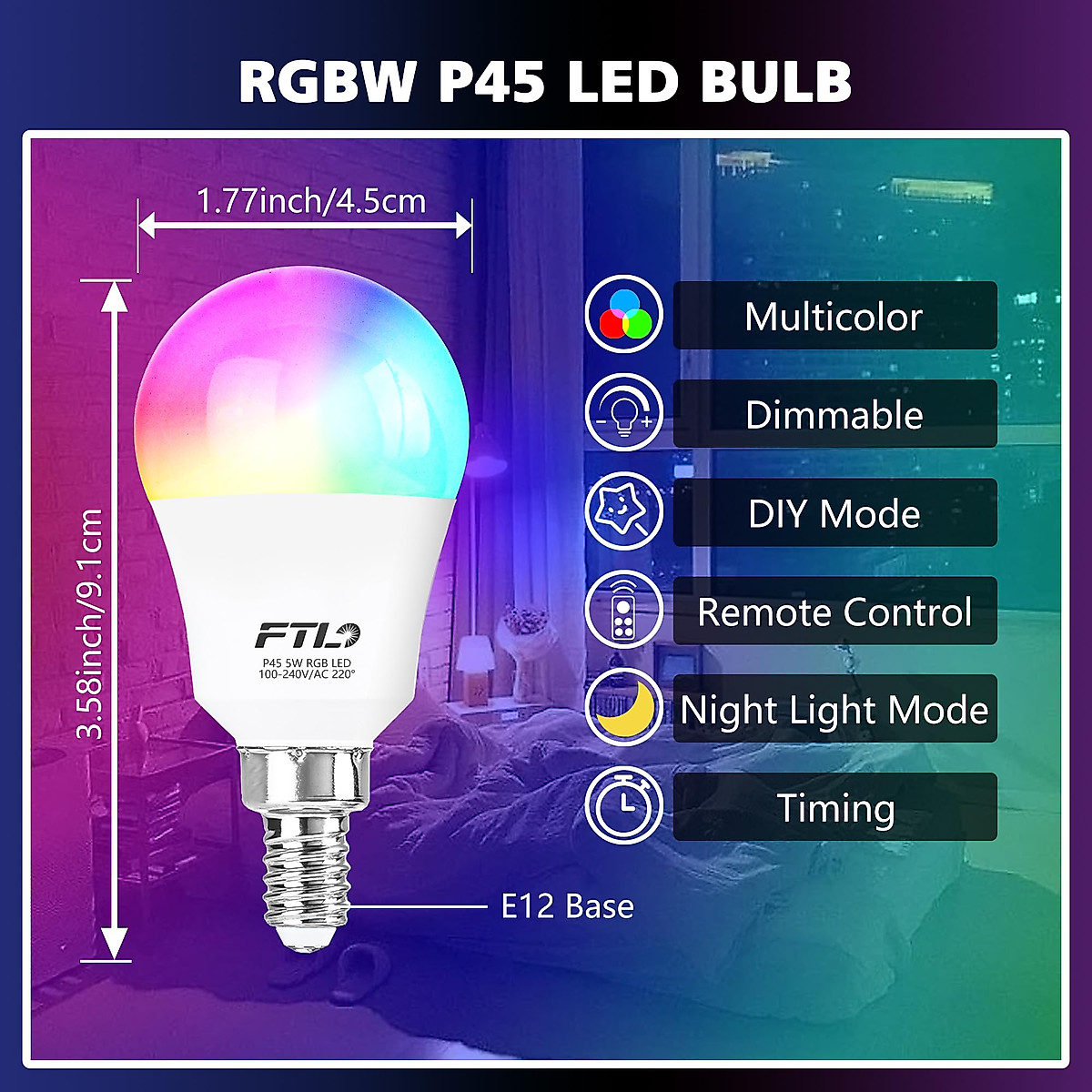 FTL E12 LED Light Bulb Color Changing, 5W 40W Equivalent A15 RGB Light Bulb with Remote Control, Warm White to Daylight White 2700K-6000K, 30 Colors RGB E12 LED Bulb Dimmable,Timer, 2 Modes,6-Pack