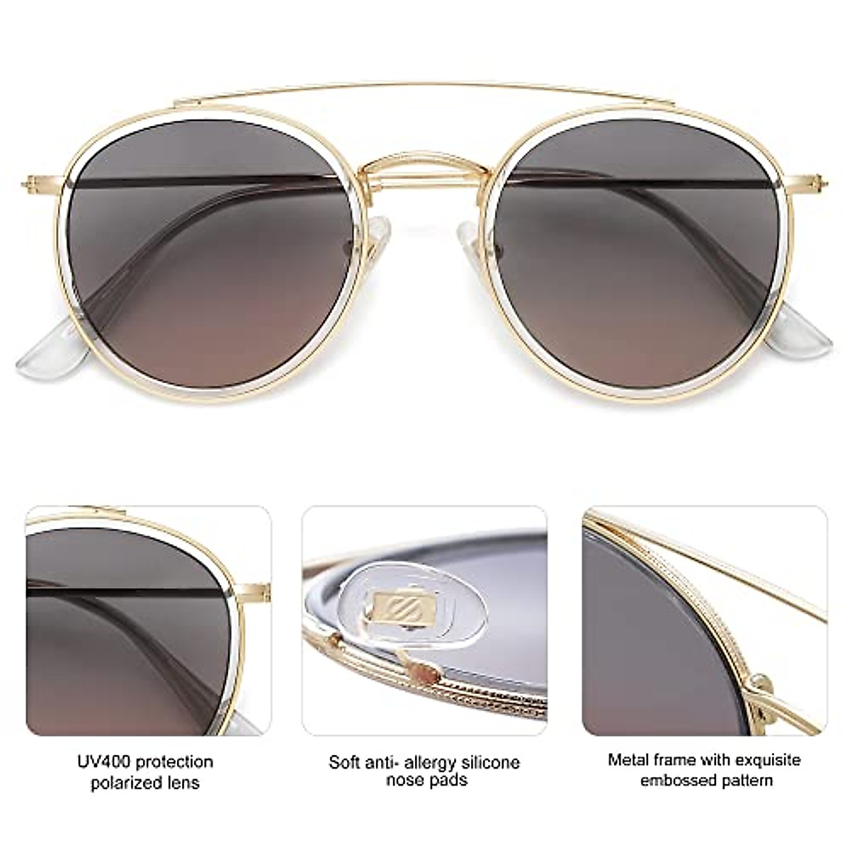 SOJOS Retro Round Double Bridge Polarized Sunglasses for Women Men Vintage Circle UV400 Sunnies SJ1104, Grey/Grey