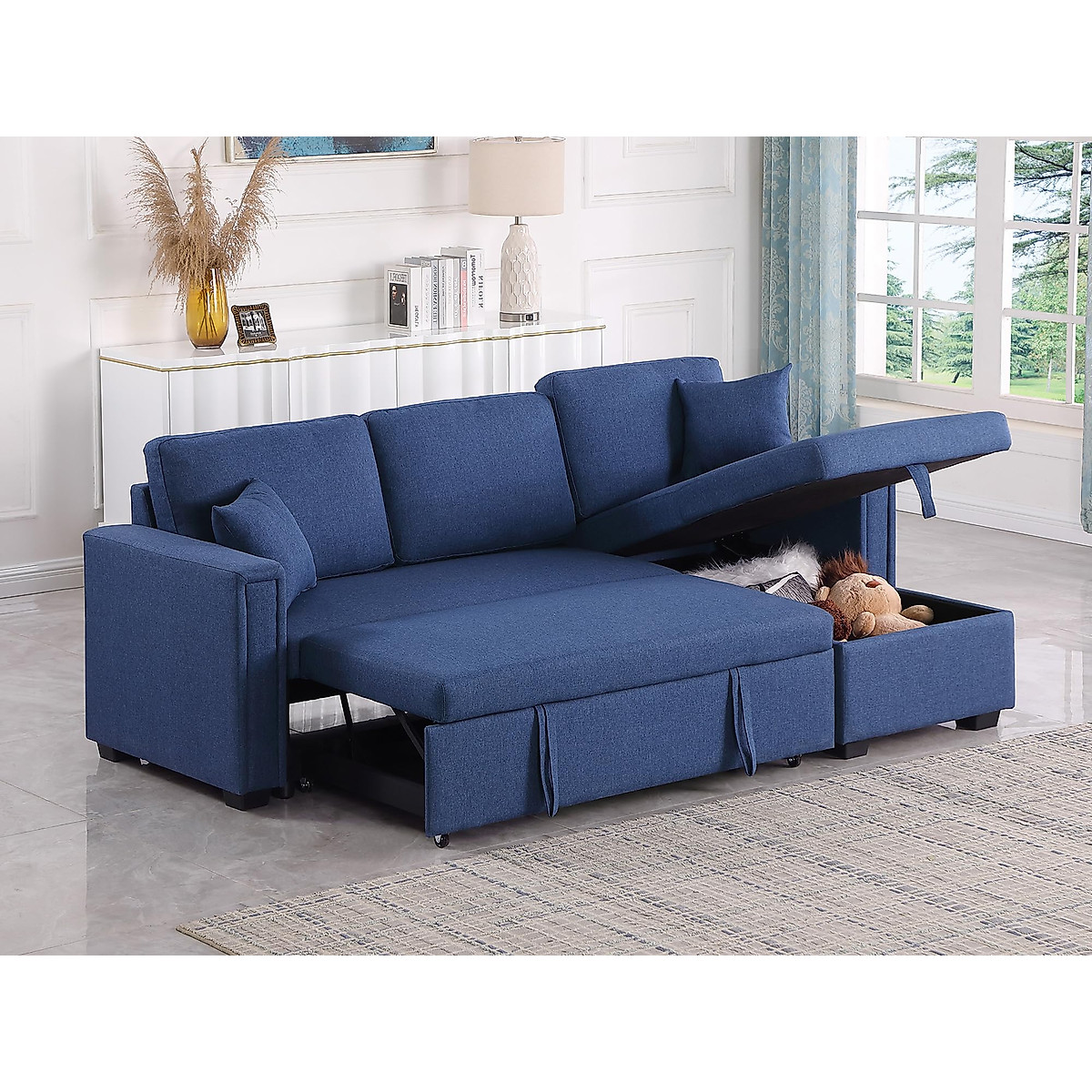 poplarbox L Shape Couch with Pull Out Bed, 84" Small Blue Sectional Sleeper Sofa with Storage Chaise, Convertible Pull Out Couch Bed for Bedroom, Living Room