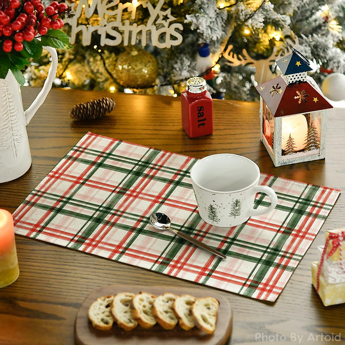 Artoid Mode Red Green Buffalo Plaid Christmas Placemats Set of 6, 12x18 Inch Seasonal Winter Table Mats for Party Kitchen Dining Decoration