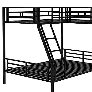 L-Shaped Metal Triple Bunk Bed for 3, Twin Over Full Bunk Bed with a Twin Size Loft Bed Attached, with a Desk, 3 Beds Bunk Bed Frame for Kids Teens Adults - Black