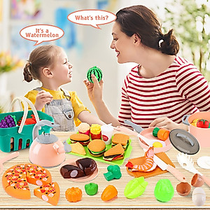 deAO Kids Play Kitchen Accessories with Pots and Pans,Cutting Food Toy,Cookware Utensils,63 PCS Play Food Set-- Kids Kitchen Accessories for Girls Boys Kids