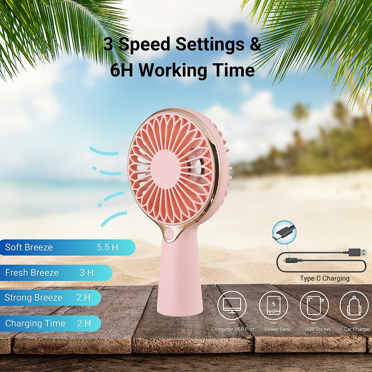 Holiday Mini Handheld Fan, USB Desk Fan Small Personal Portable Hand Fan Table Fan with Rechargeable Battery Operated Cooling Electric Fan 3-6H Working Hours for Travel Office Outdoor