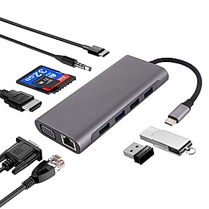 USB Hub Portable USB Hub 11 in 1 VGA + LAN Port + 4 x USB 3.0 + SD/TF Card + HDMI + Audio Port + USB-C/Type-C Female to USB-C/Type-C HUB Adapter(Dark Gray) (Color : Dark Gray)