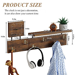 X-cosrack Coat Rack Wall Mount, Wooden Wall Mounted Storage Rack with Clock and 6 Hooks，Hanging Coat Rack with Shelf for Entryway, Bathroom, Living Room, Bedroom
