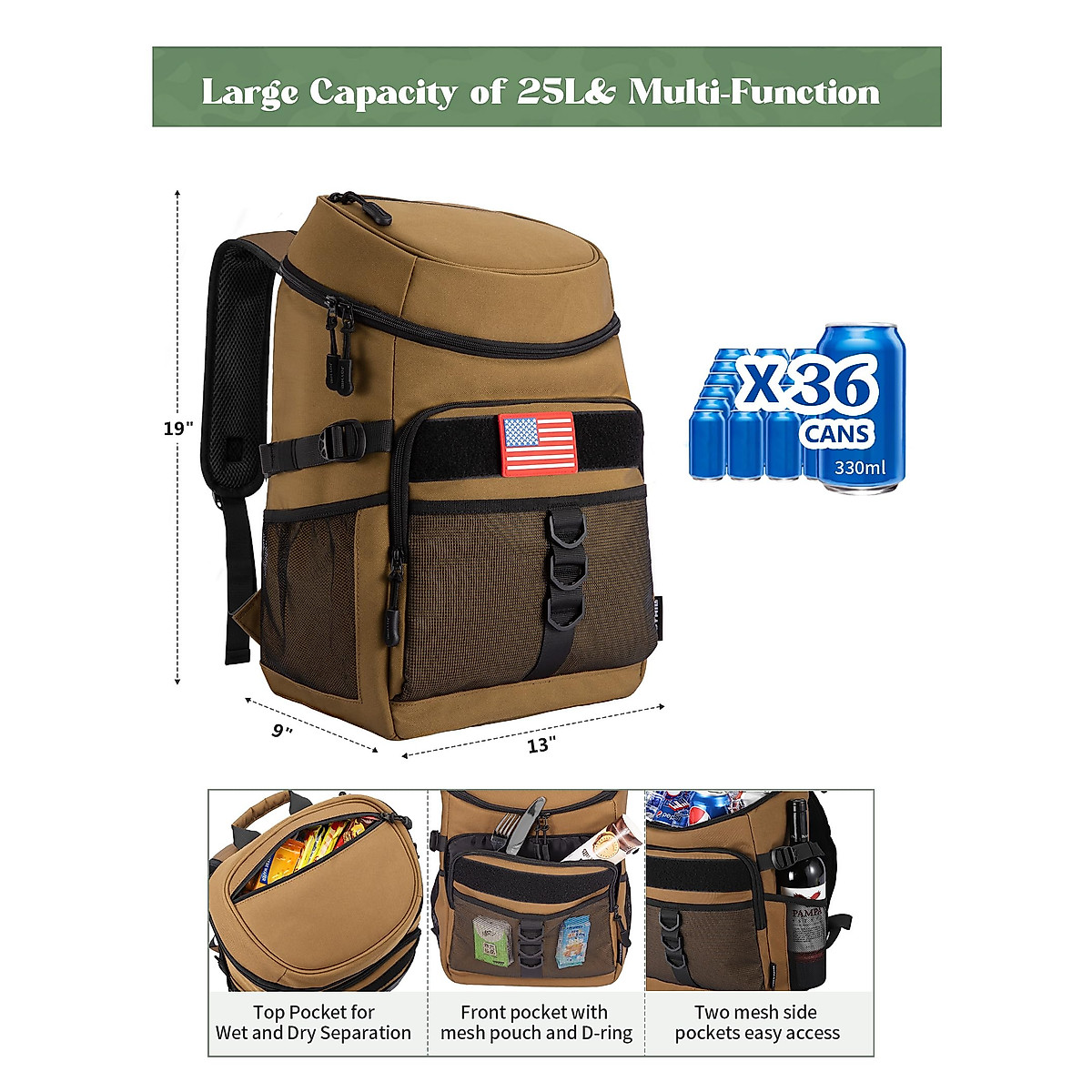 JOYHILL Backpack Cooler, Cooler Backpack 36 Cans Tactical Insulated Soft Cooler Bag Large Capacity Leakproof Cooler for Men Women, Travel Backpack for Camping Hiking Picnic Beach,Gray Camouflage