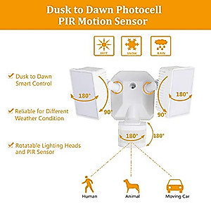 EMANER Dusk-to-Dawn Security Lights with Motion Sensor, 5000K Daylight White, IP65 Waterproof Outdoor, 110V 120V Dual-Head Rotatable LED Flood Light for Porch, Garage, Yard, Driveway