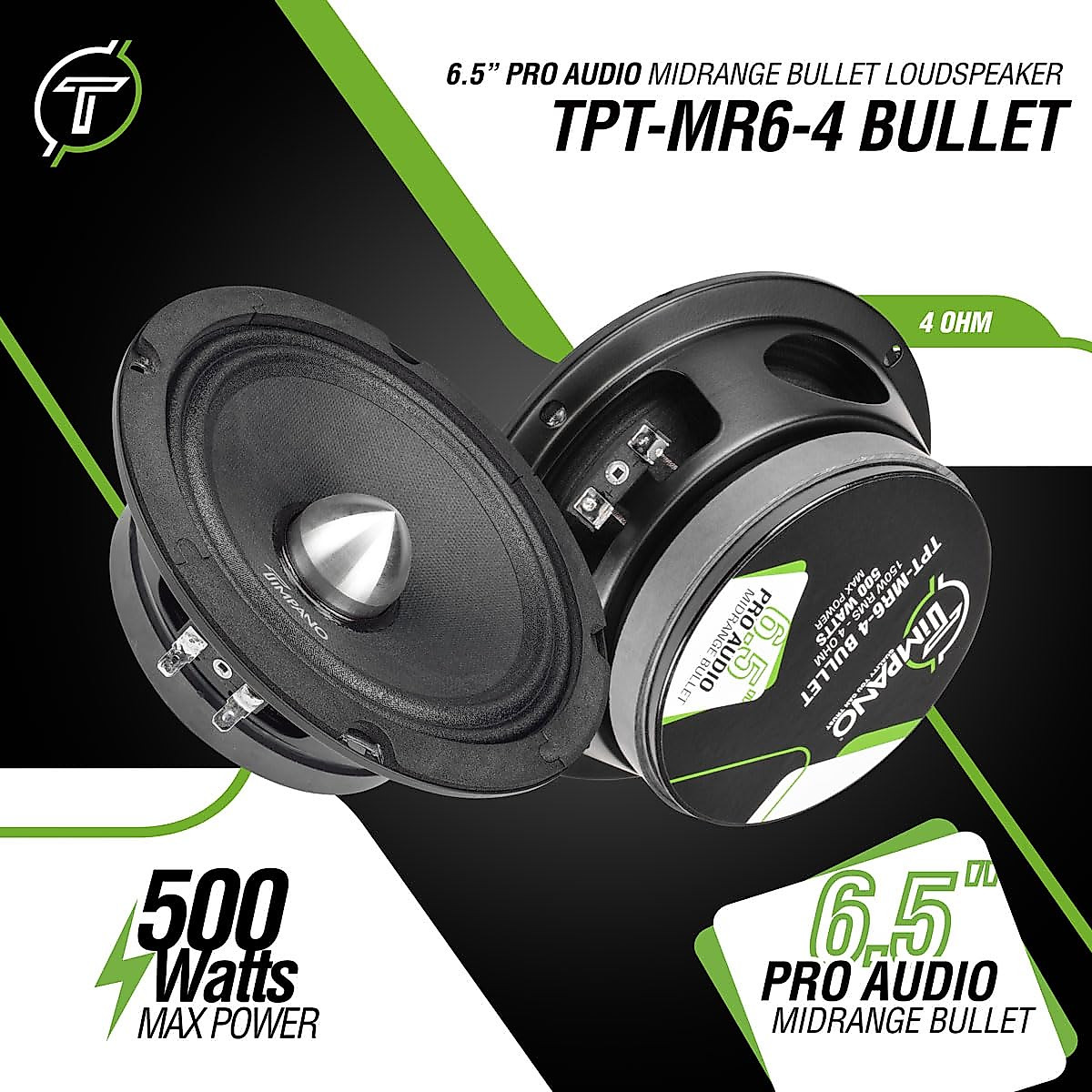 Timpano 6.5 Midrange Speaker TPT-MR6-4 Bullet 500 Watts, 4 Ohm, Shallow Mount 6.5 Inch Speakers PRO Audio Mid Range Loud Speaker (Single)