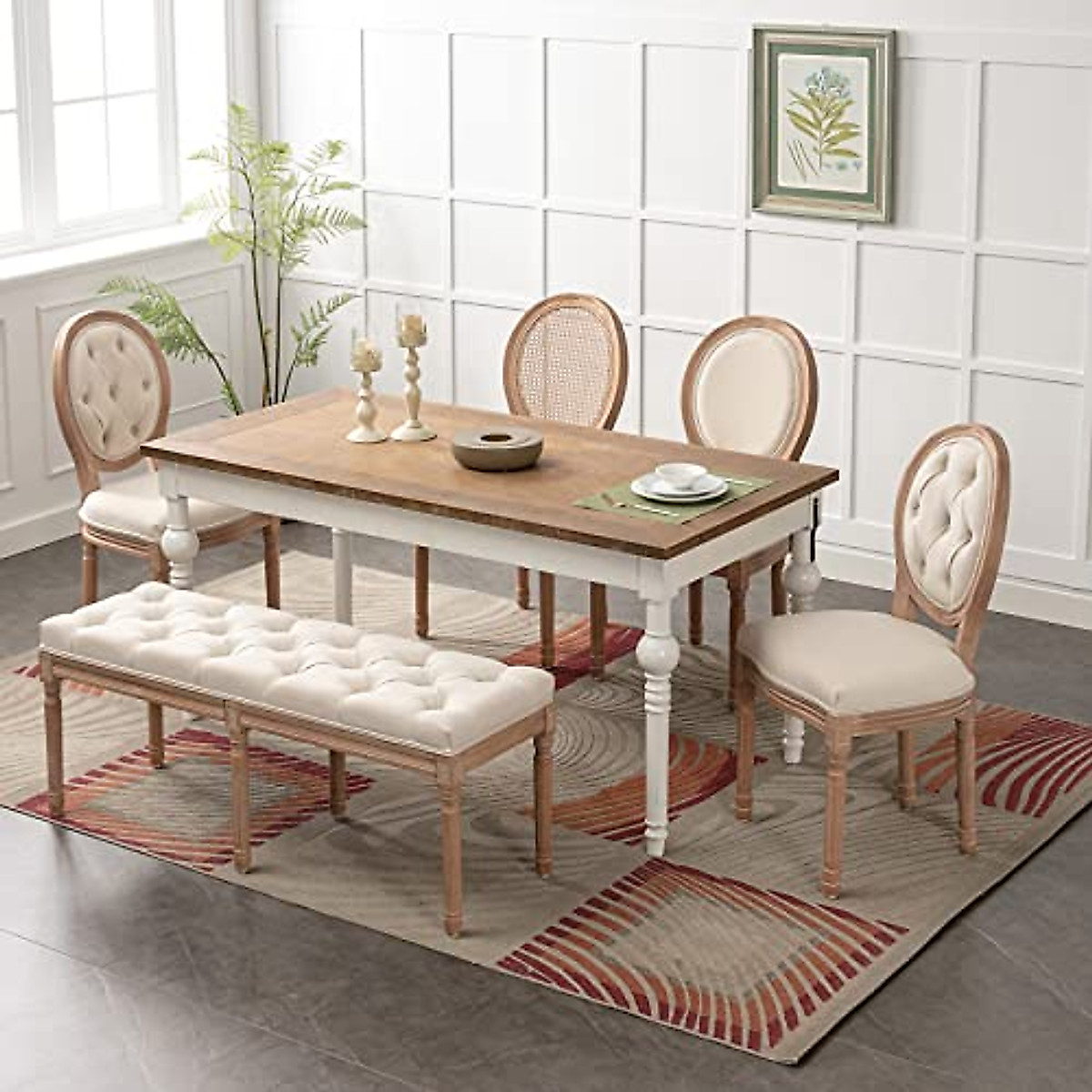 Bonzy Home French Country Dining Chairs Set of 6, Farmhouse Button Back Dining Room Chairs with Solid Wood Frame and Curved Backrest, French Bistro Chairs for Bedroom Kitchen Restaurant, Beige