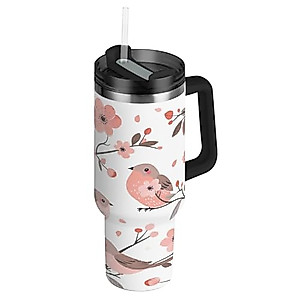 FRCSDIY Birds and Flowers Insulated Tumbler with Handle and Straw Lid,40oz Leakproof Stainless Steel Cup BPA-Free Water Bottle