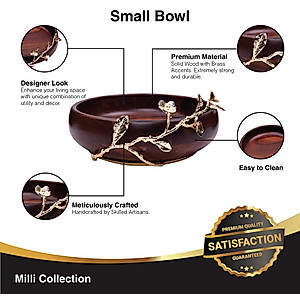 Wooden Bowl with Decorative Brass Branch Handle - Large Wood Serving Dish for Salad, Popcorn, and Chips - Versatile Fruit Bowl and Serving Bowl - Essential Kitchen Counter Serveware