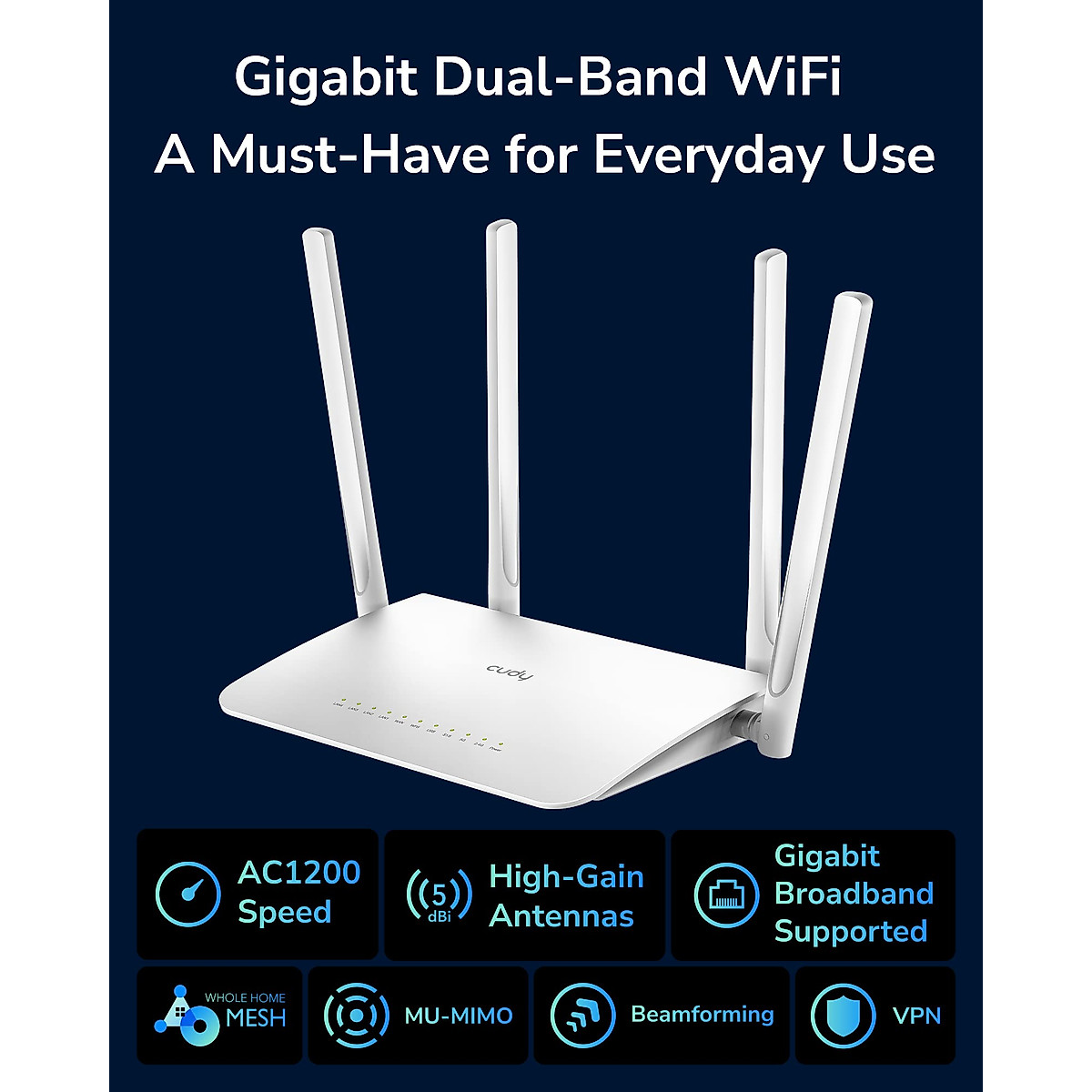 Cudy AC1200 Gigabit WiFi Router(WR1300), Dual Band MU-MIMO Wireless Internet Router, 4 x Antennas, VPN, Guest WiFi and AP Mode, Long Range Coverage