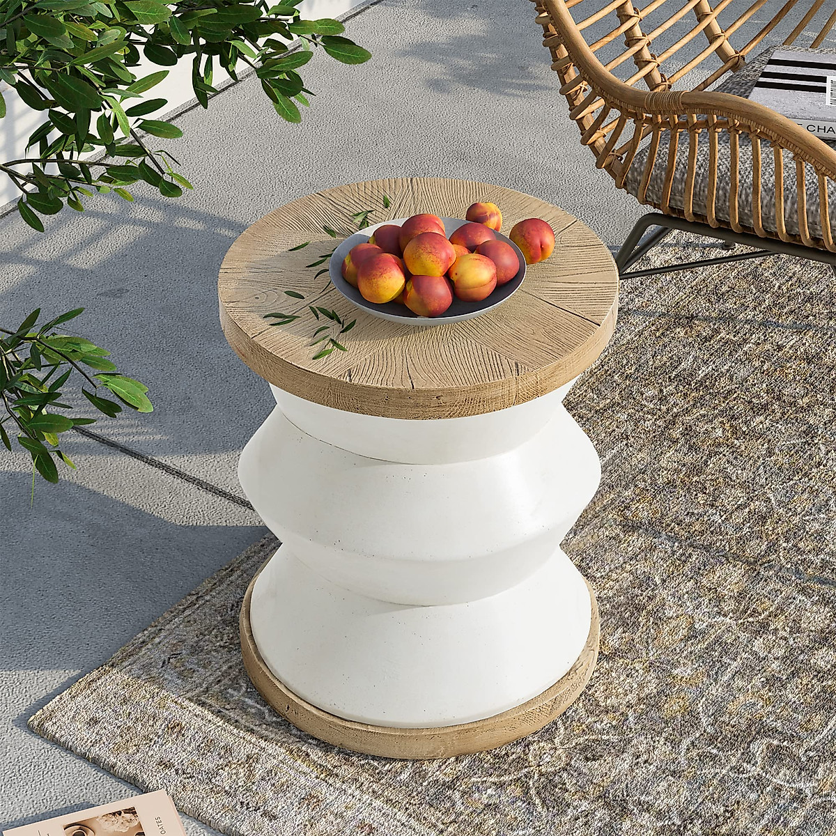 SUNBURY White Outdoor Side Table, 14" Concrete Side Table Accent Table, Round Marble Side Table Drum Table, Garden Stool Plant Stand End Table for Patio, Deck, Poolside