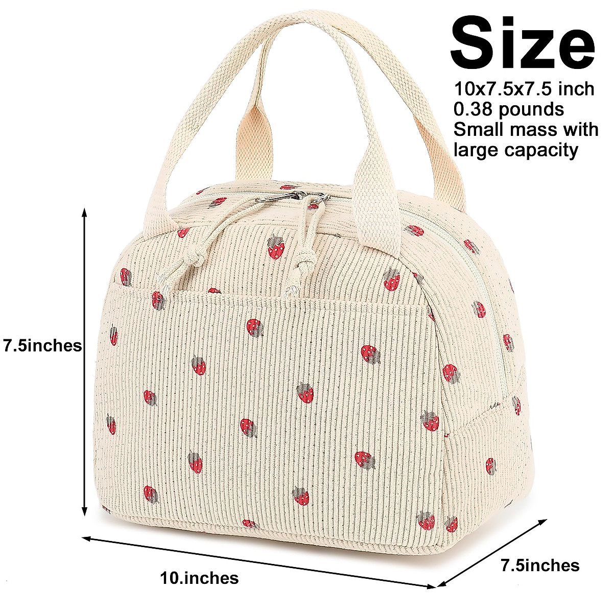 Bluboon Lunch Bag for Women Men Cute Corduroy Lunch Tote Bags Reusable Insulated Lunch Box Large Capacity Reusable Insulated Cooler for Work Picnic or Travel (Corduroy strawberry)