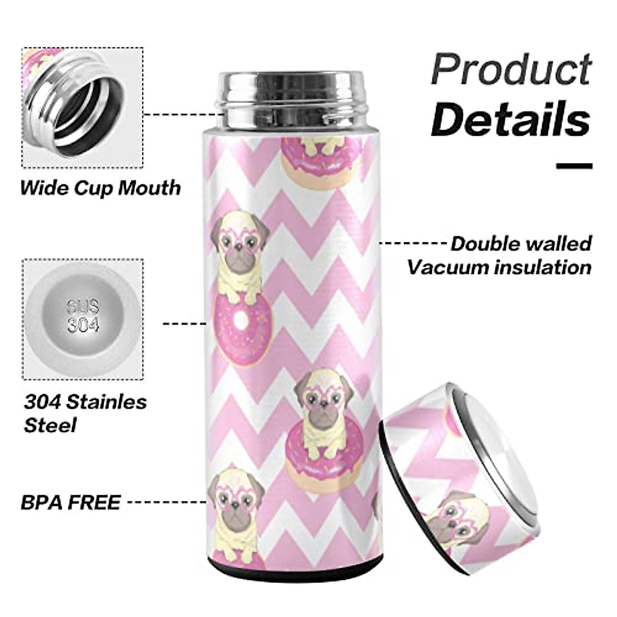 CaTaKu Wave Bulldog Donut Water Bottle Insulated 16 oz Stainless Steel Flask Thermos Bottle for Coffee Water Drink Reusable Wide Mouth Vacuum Travel Mug Cup