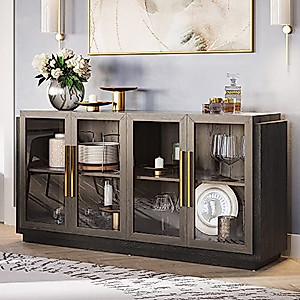 BELLEZE Sideboard Buffet Cabinet, Modern Wood Glass-Buffet-Sideboard with Storage, Console Table for Kitchen, Dinning Room, Living Room, Hallway, or Entrance - Brixston (Brown)