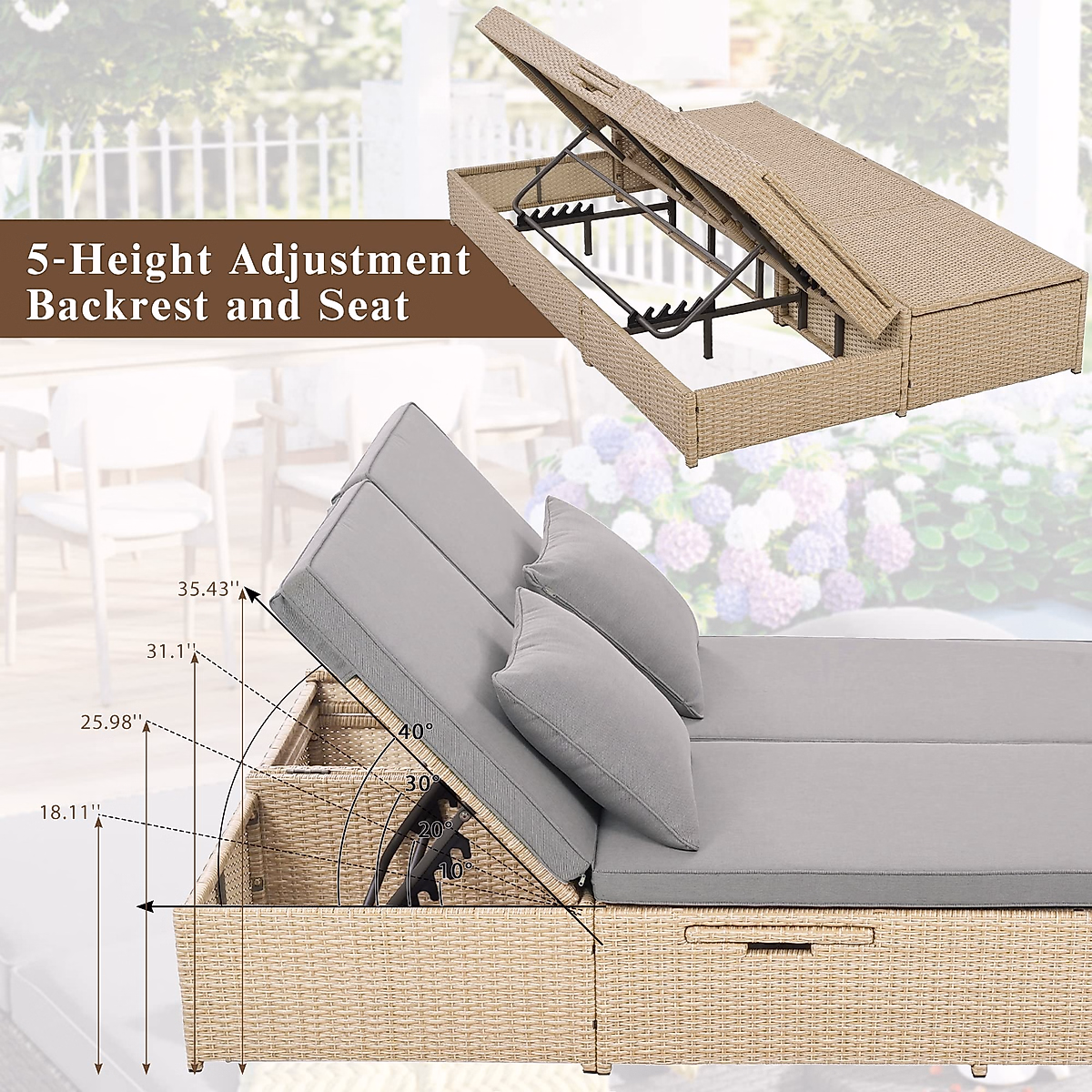 WILLIAMSPACE Outdoor Double Chaise Lounge Sunbed Patio Daybed with Adjustable Backrest & Cushions, Wicker Rattan Patio Reclining Daybed with Foldable Cup Trays for Lawn, Poolside (Brown)