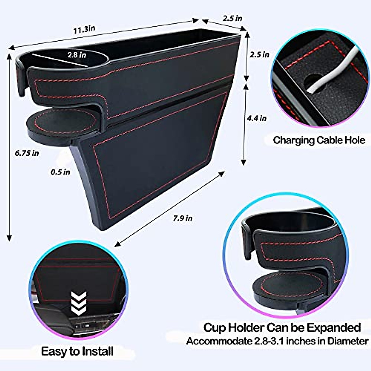 LUCKLYJONE Car Seat Gap Filler, Leather Console Side Pocket, Car Seat Pocket Organizer Catcher Caddy for CellPhones Wallet Coin with Cup Holder Black (Passenger Side)